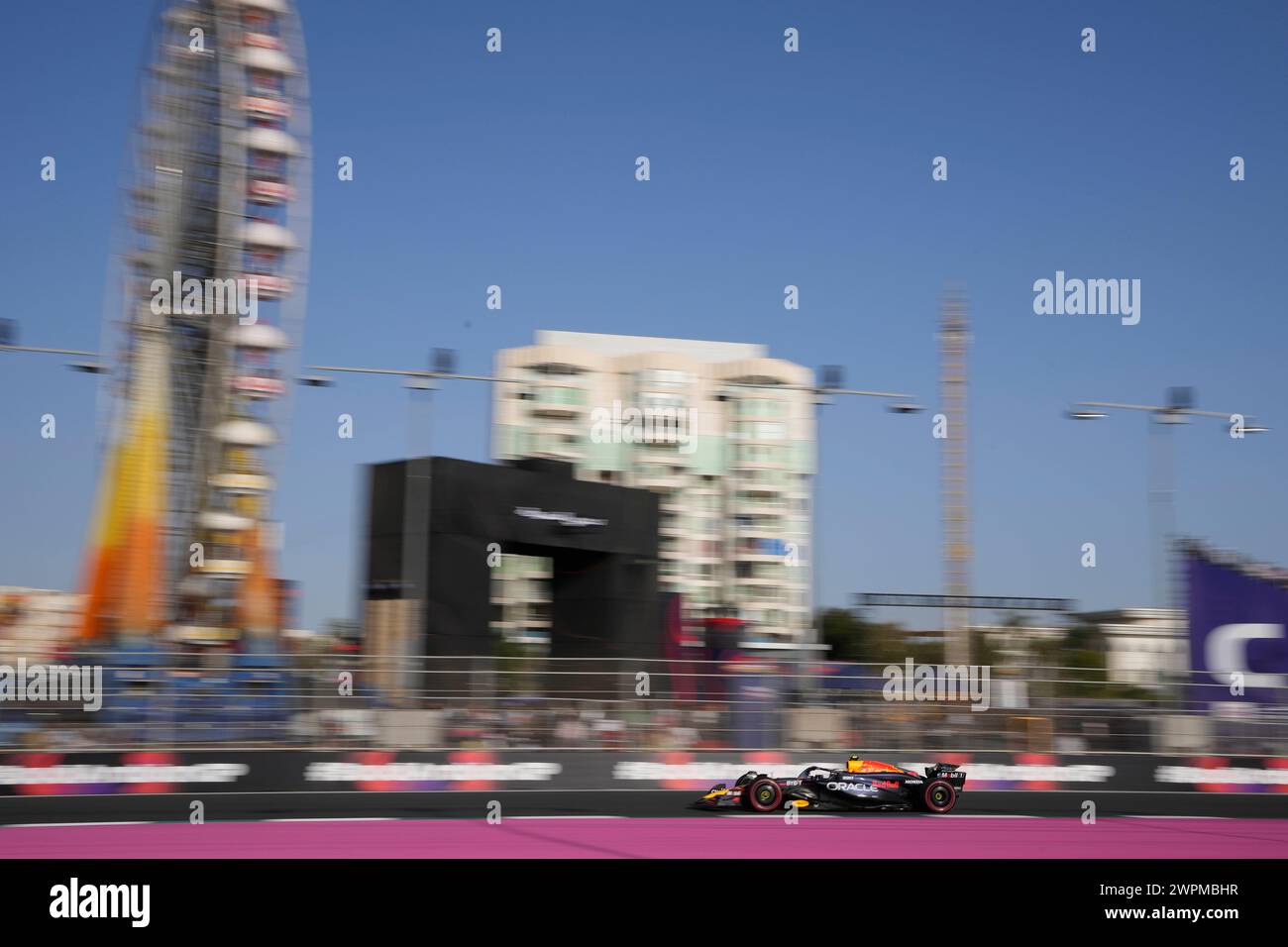 Red Bull driver Sergio Perez of Mexico steers his car during the third practice session ahead of ...