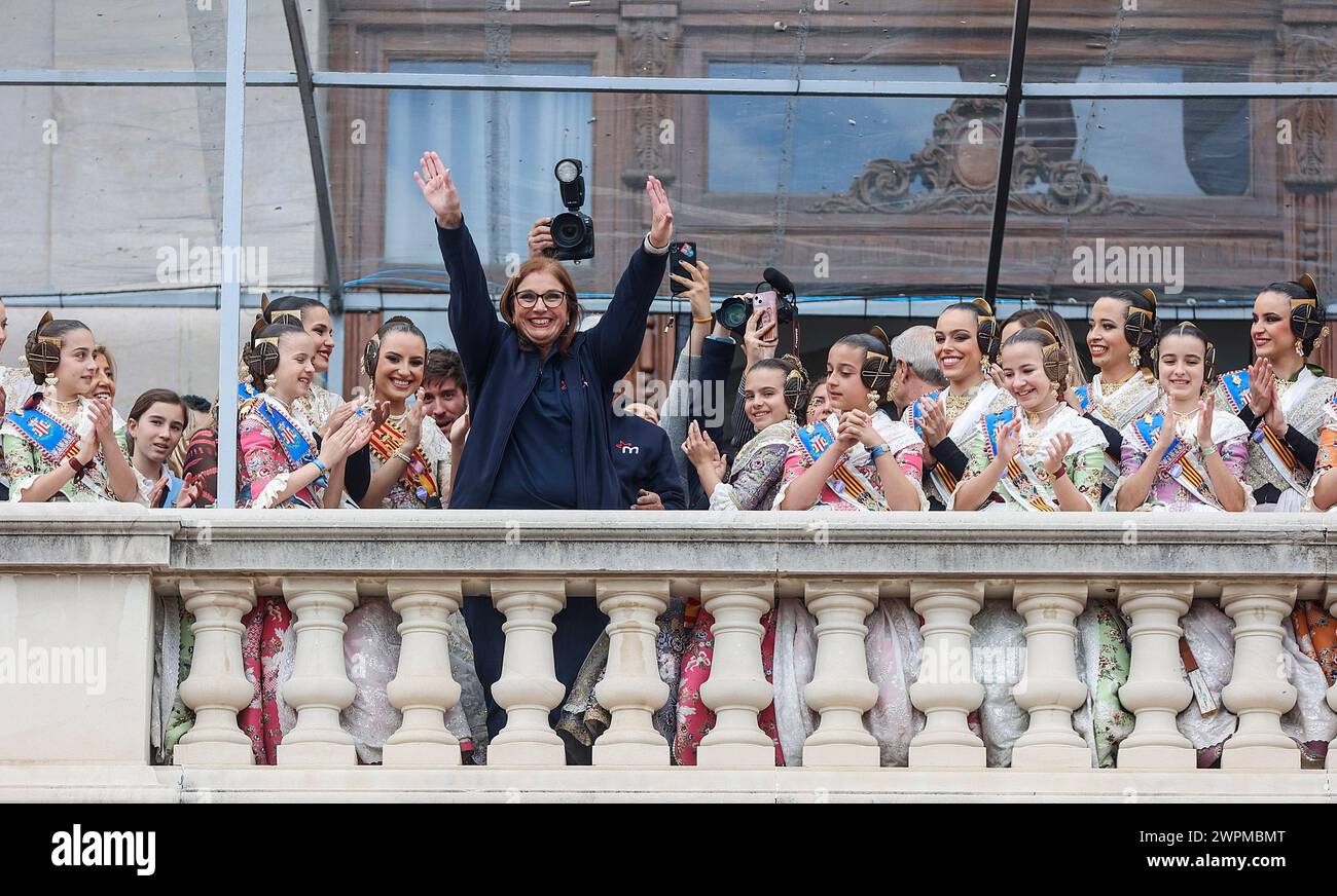 Pyrotechnician Reyes Martí waves during a 'mascletà' of the Fallas 2024 ...