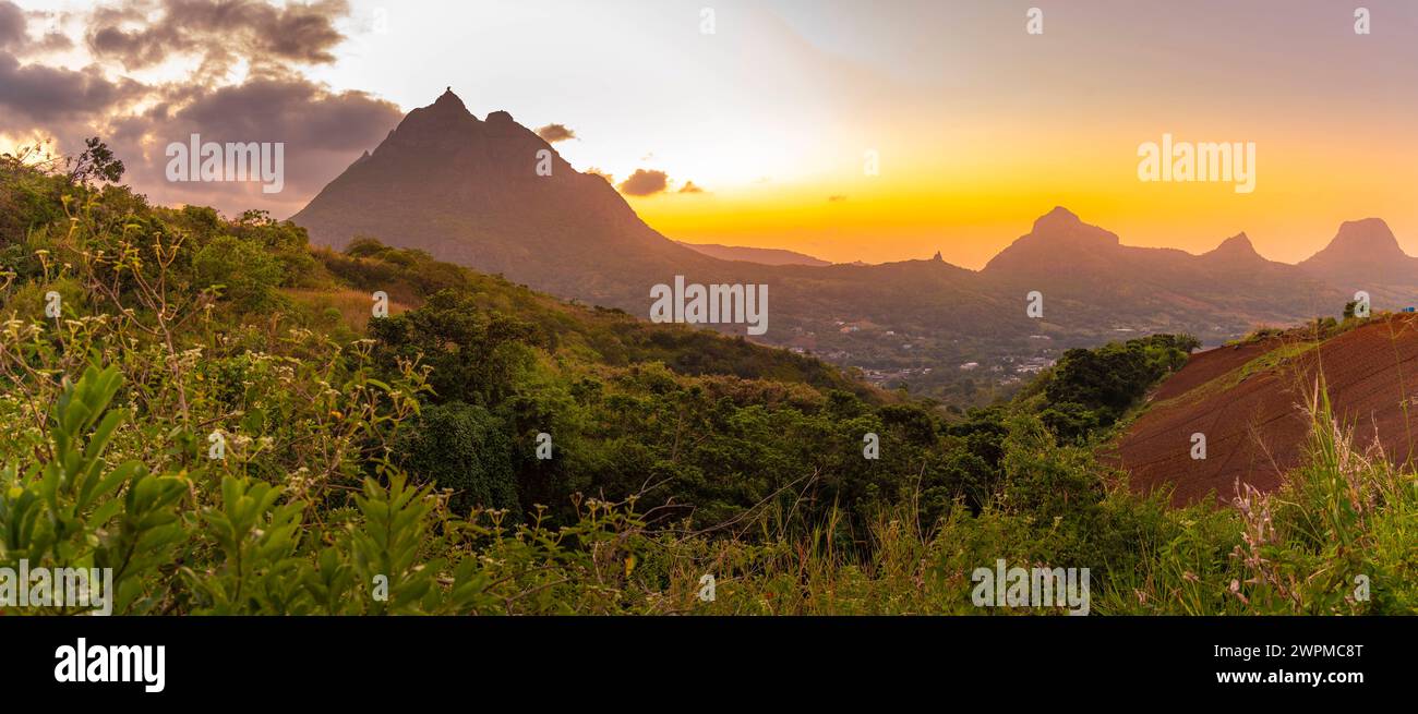 View of Long Mountains at sunset near Beau Bois, Mauritius, Indian ...