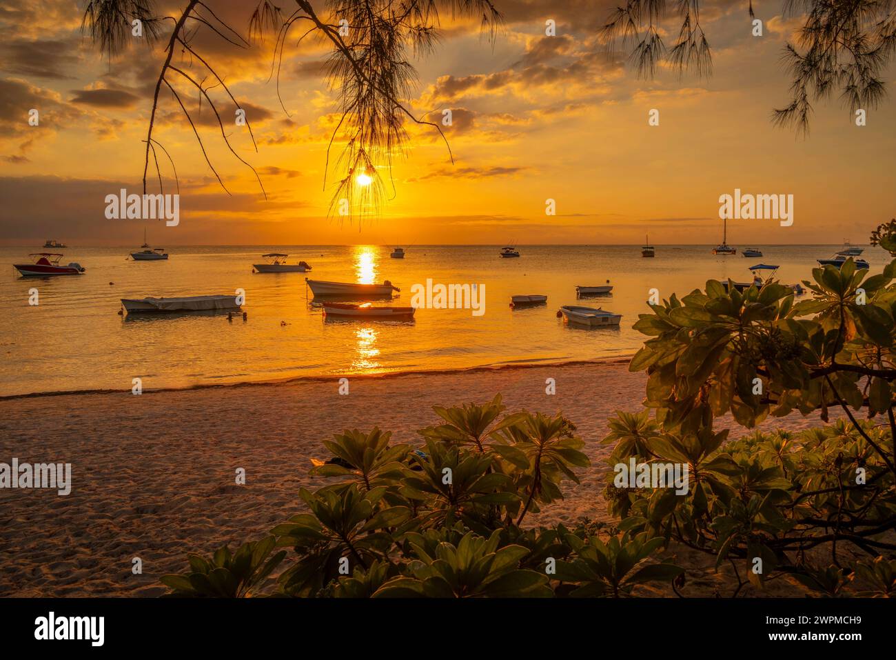 View of boats at Mon Choisy Public Beach at sunset, Mauritius, Indian ...