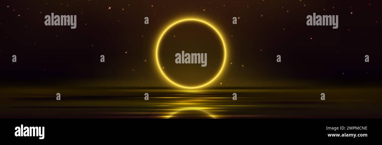 Circle frame with yellow neon light glow under calm water with ripples ...