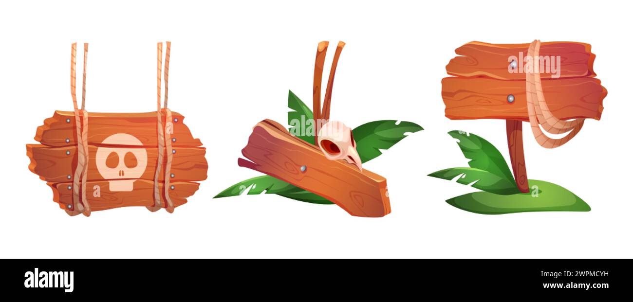 Wooden signboard with green leaves and skull for game ui design ...