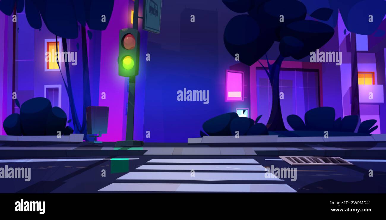 City night landscape with sidewalk, cross zebra on road and traffic ...