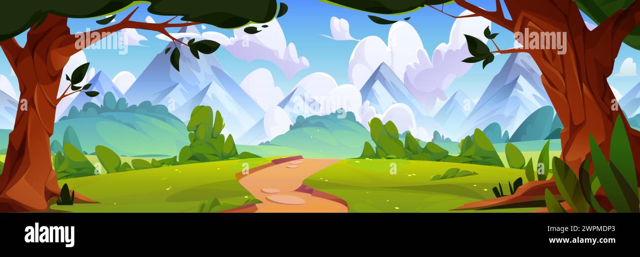 Mountain valley landscape with forest footpath. Vector cartoon ...