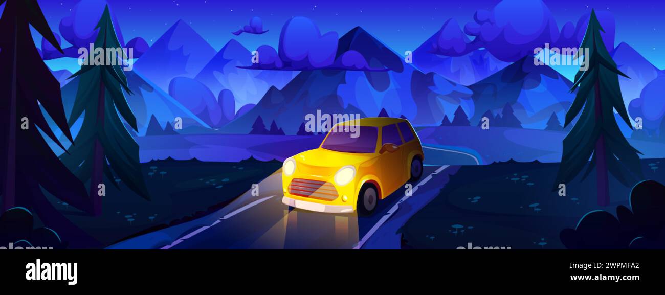 Yellow car driving night road in mountain valley. Vector cartoon ...