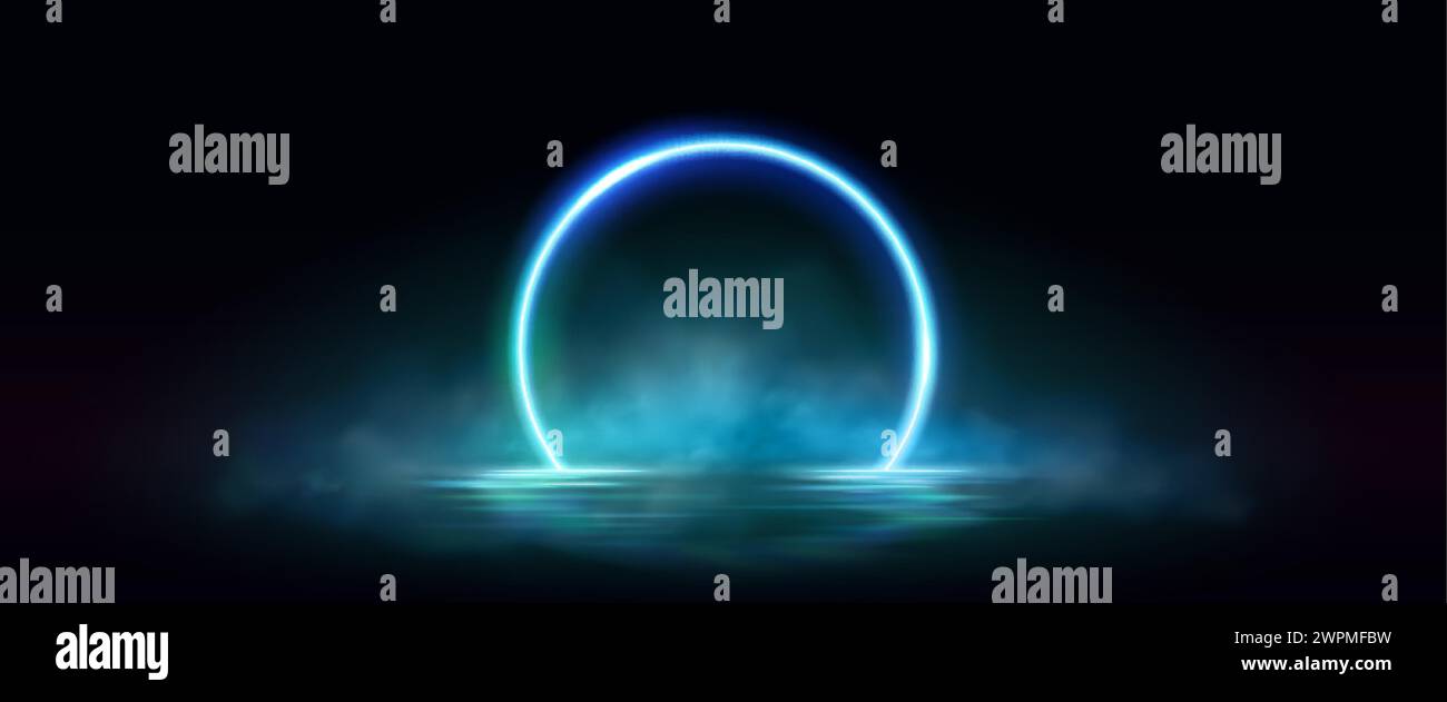 Neon circular arch frame with smoke over water surface with reflections ...