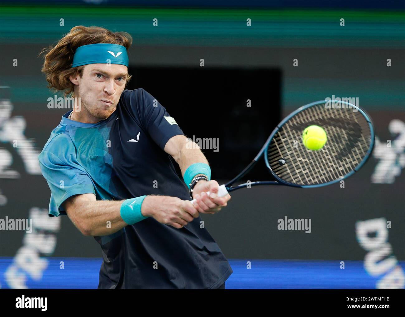 Andrey Rublev in action at the Dubai Duty Free Tennis Championships ...