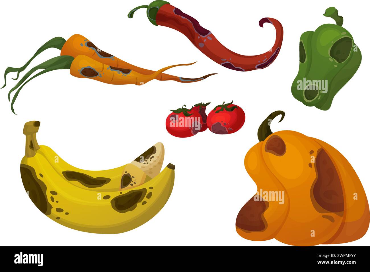 Rotten food with rot and mold. Cartoon vector illustration set of dirty ...