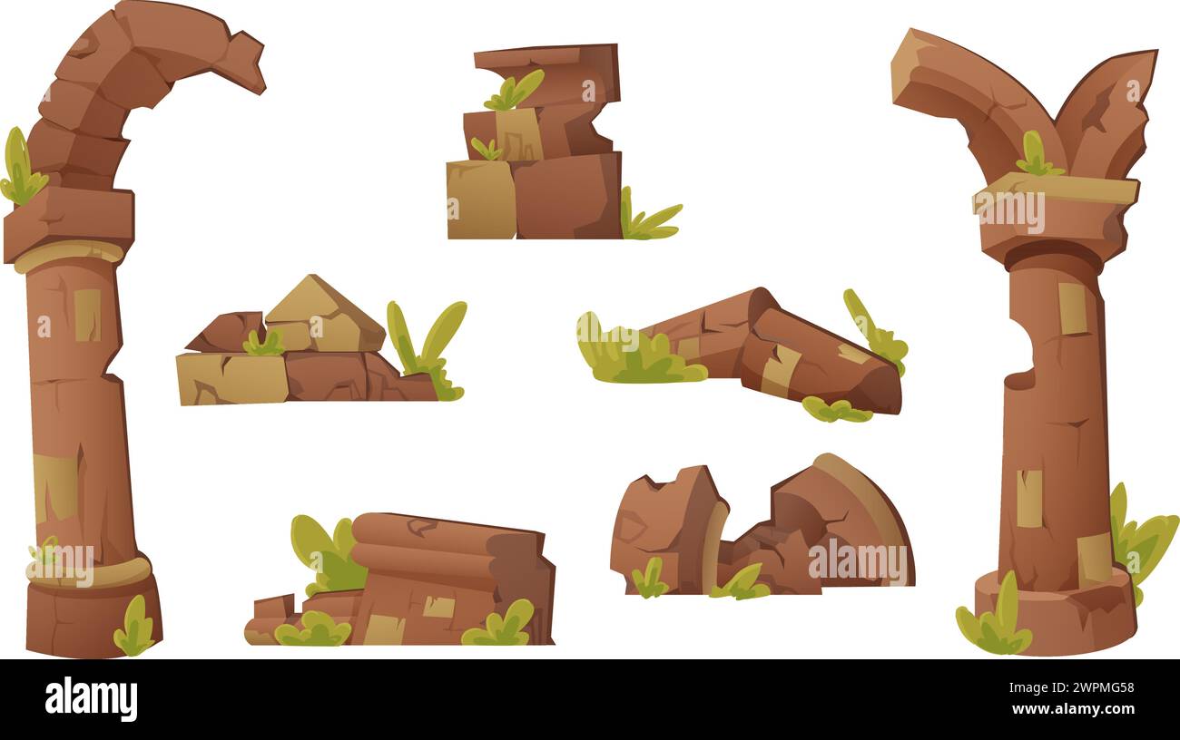 Ancient ruins set - destroyed architecture or monuments of old ...