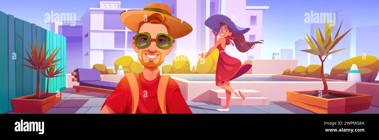 Happy man and woman on rooftop terrace with swimming pool, lounge chair ...