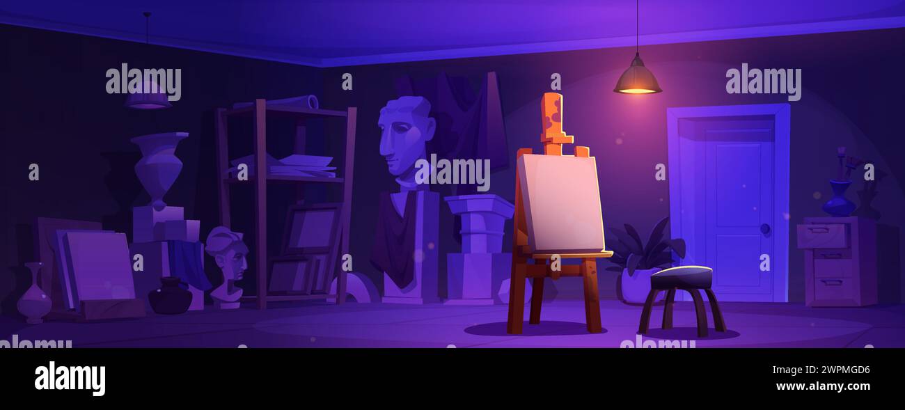 Night art studio interior design. Vector cartoon illustration of dark ...