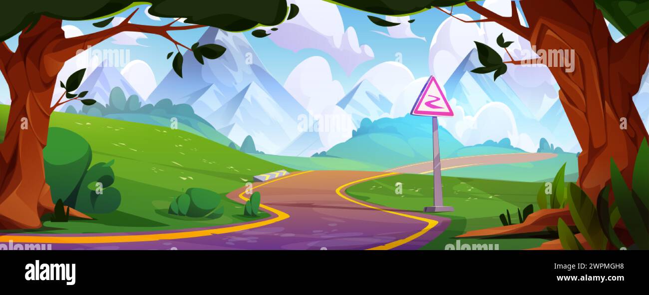 Winding asphalt road with sign leading to high rocky mountains. Cartoon ...