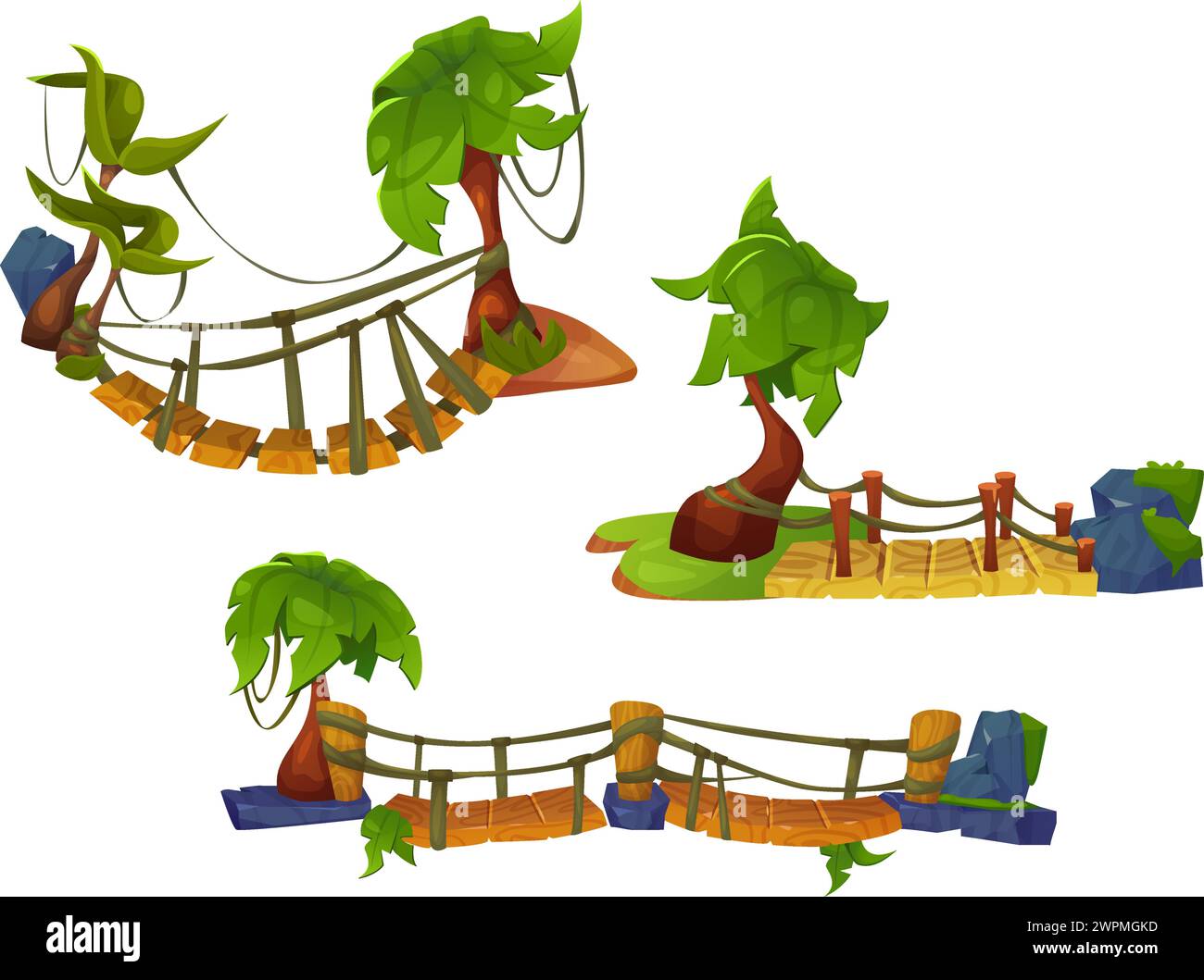 Rope bridges set isolated on white background. Vector cartoon ...