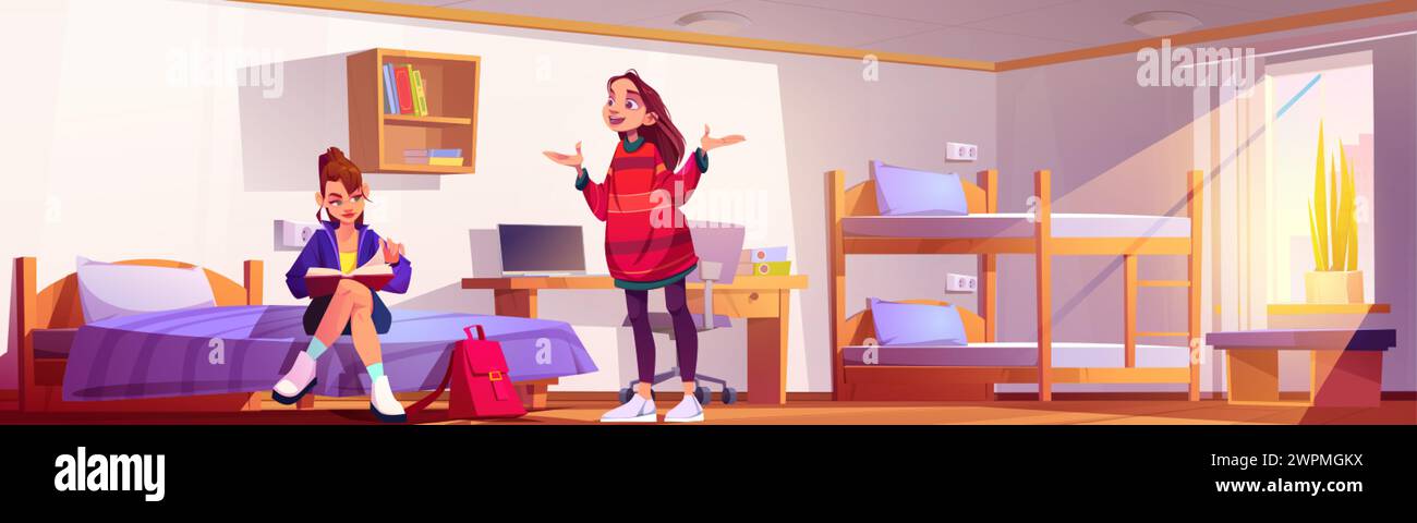 Two female roommate students speaking in dormitory bedroom with bunk ...
