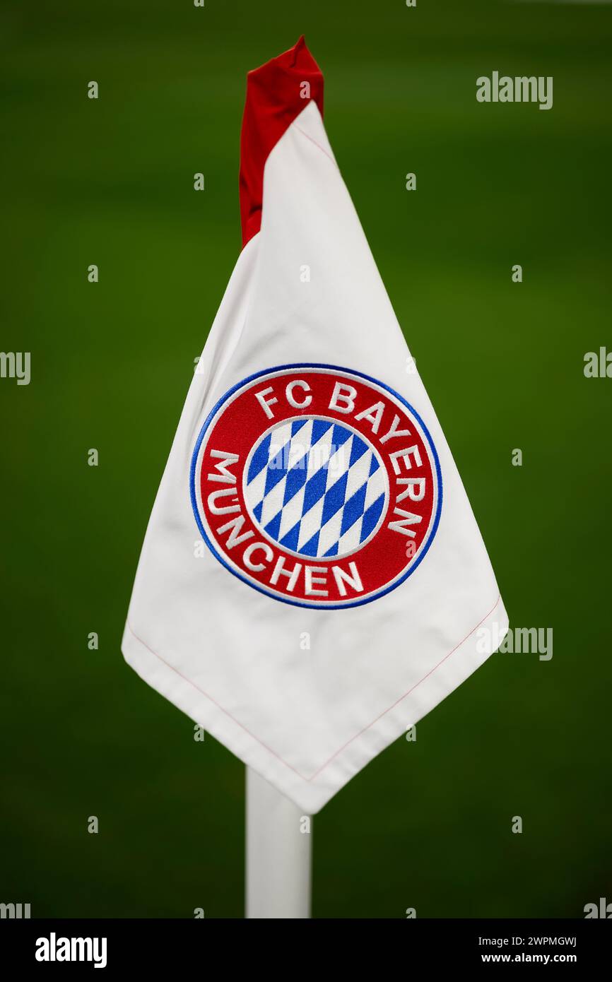Munich, Germany. 5 March 2024. A corner flag bearing the logo of FC ...