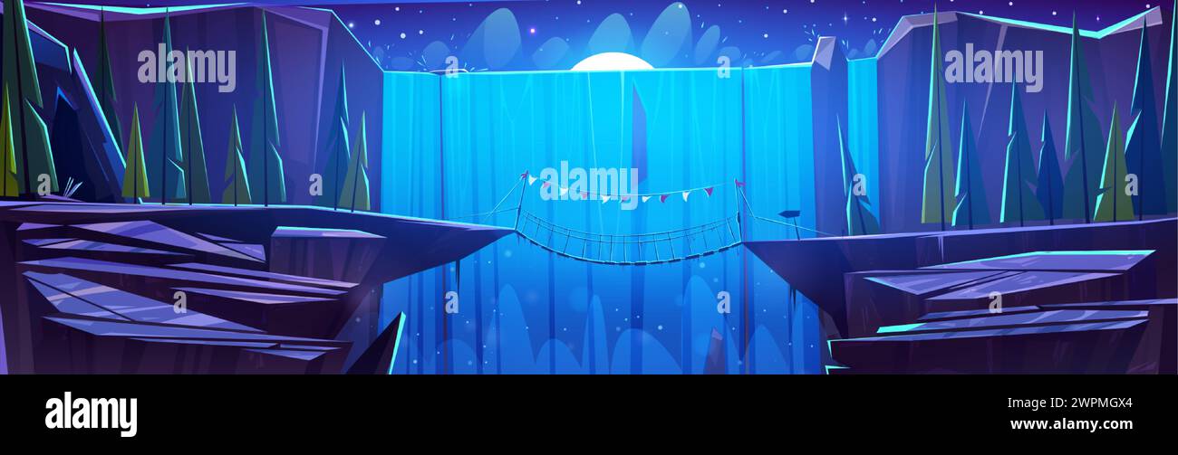 Rope bridge hanging between edges of dangerous rock cliff with ...