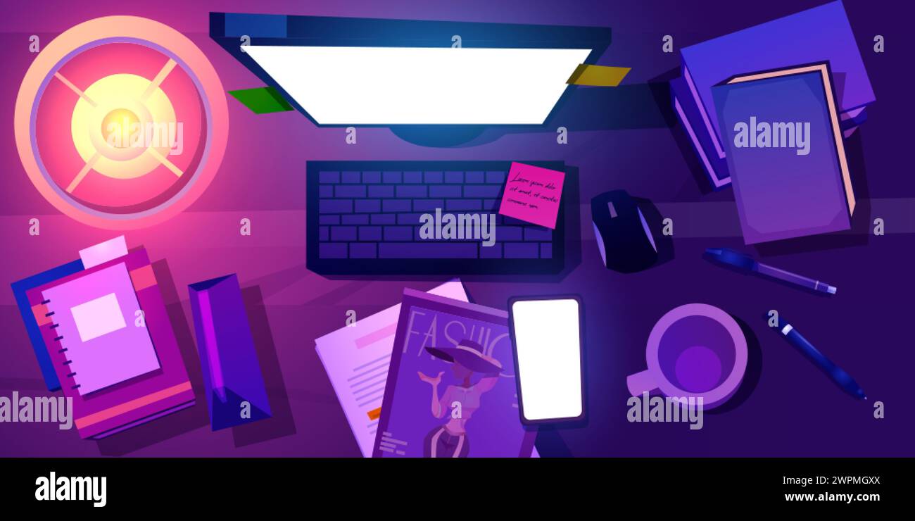 Messy table with computer and stationery top view in evening. Cartoon ...