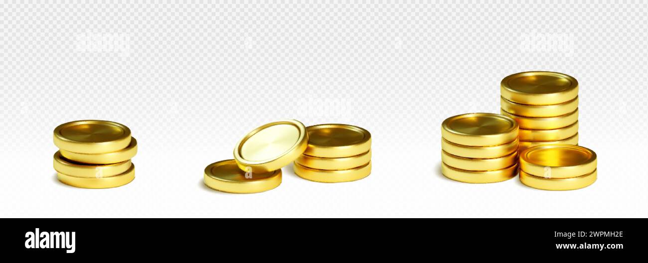3D stacks of golden coins isolated on transparent background. Vector ...