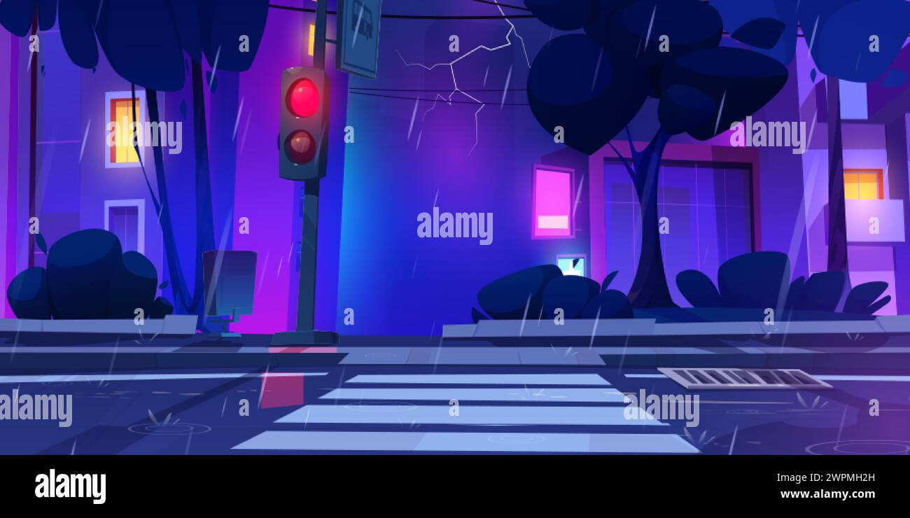 Rainy night in modern city street with pedestrian crossing. Vector ...