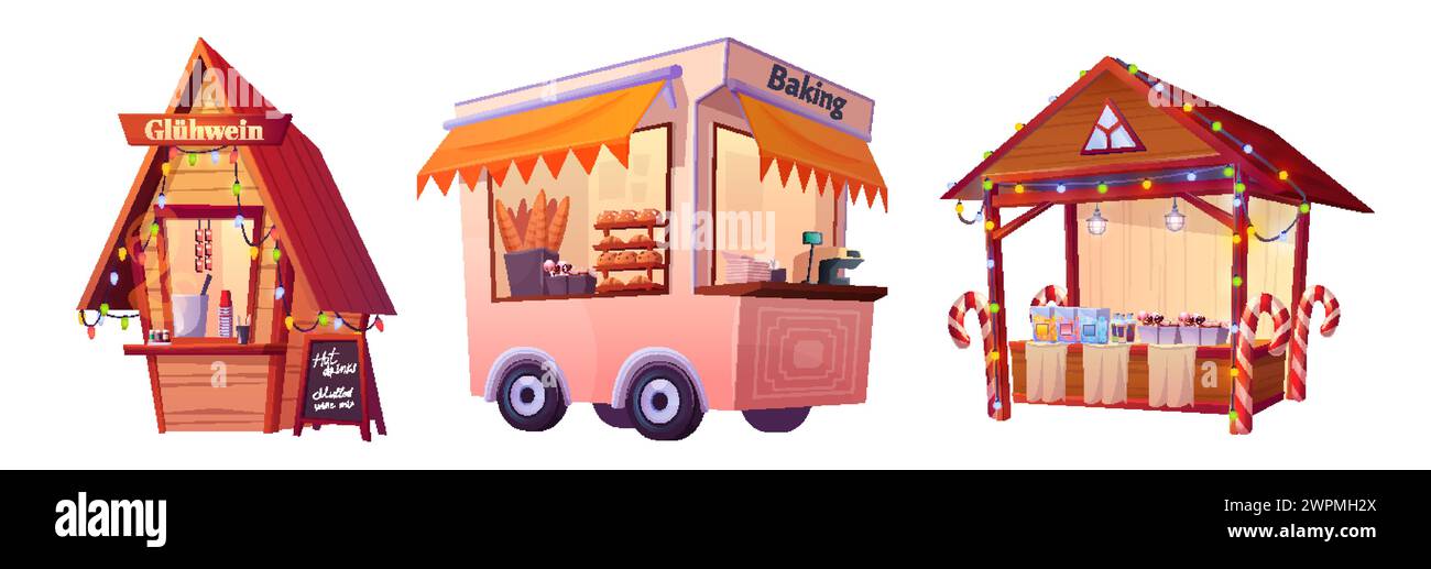Christmas market food stalls set isolated on white background. Vector ...