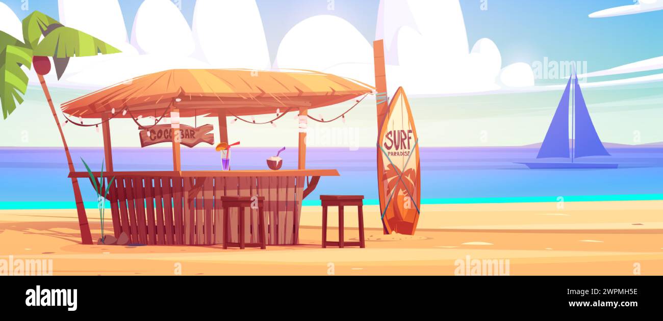 Summer beach bar against sea background. Vector cartoon illustration of ...