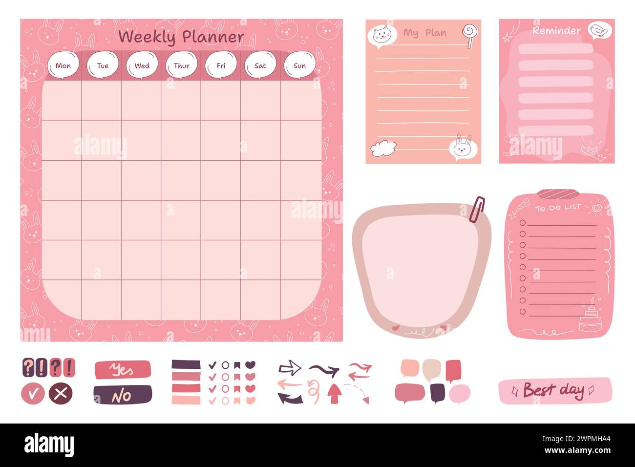 Cute Weekly planner with bunny pattern, to do list and reminder notes ...