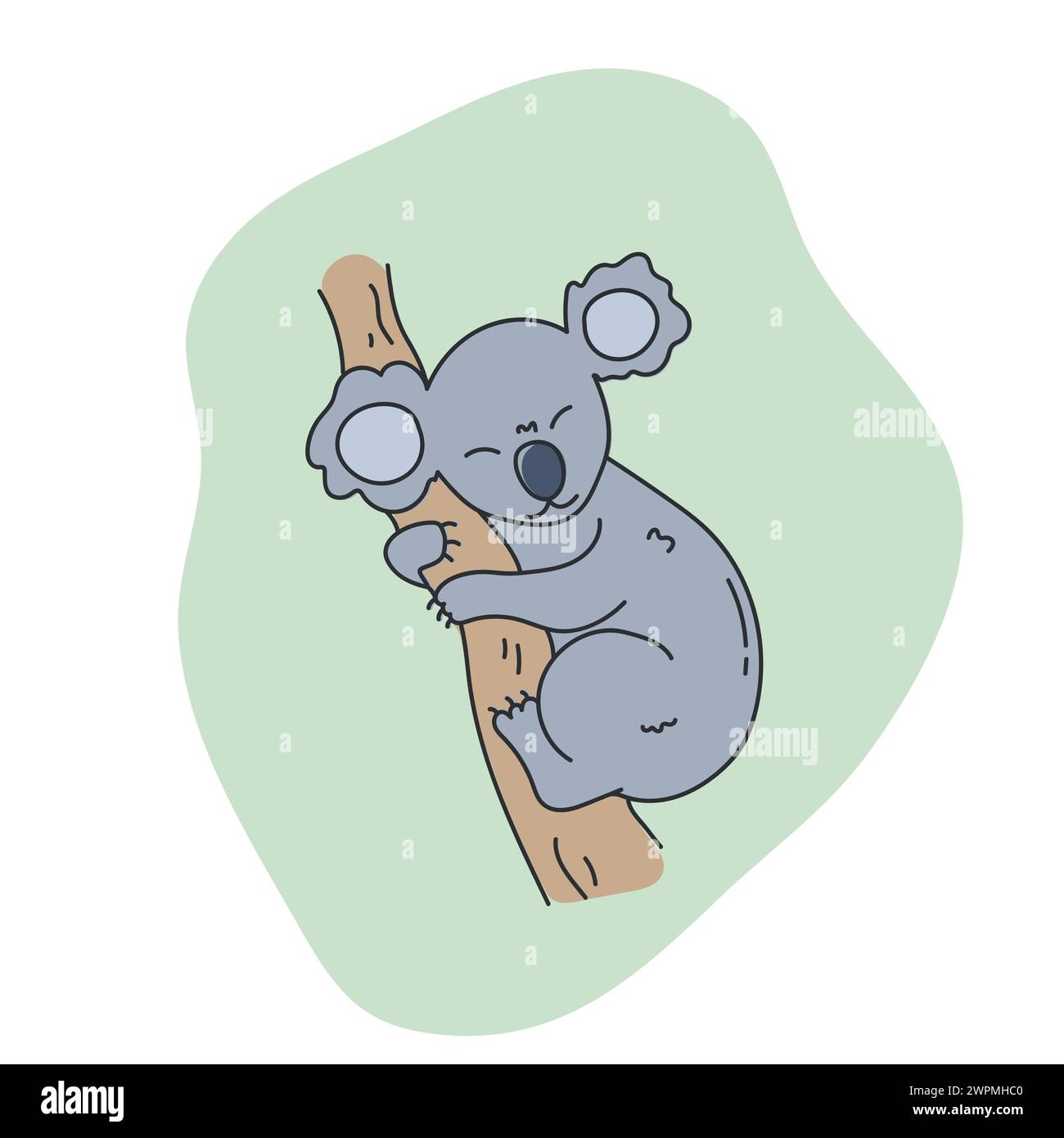 Hand drawn cute koala sleeping on a tree. Cartoon sleepy koala ...