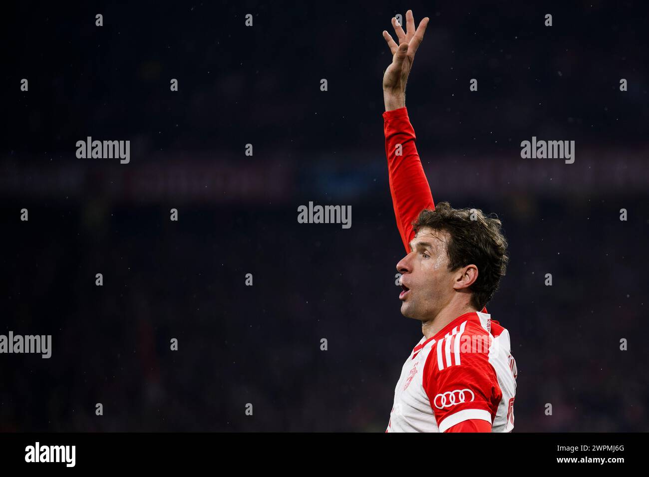 Munich, Germany. 5 March 2024. Thomas Muller of FC Bayern Munchen gestures during the UEFA ...