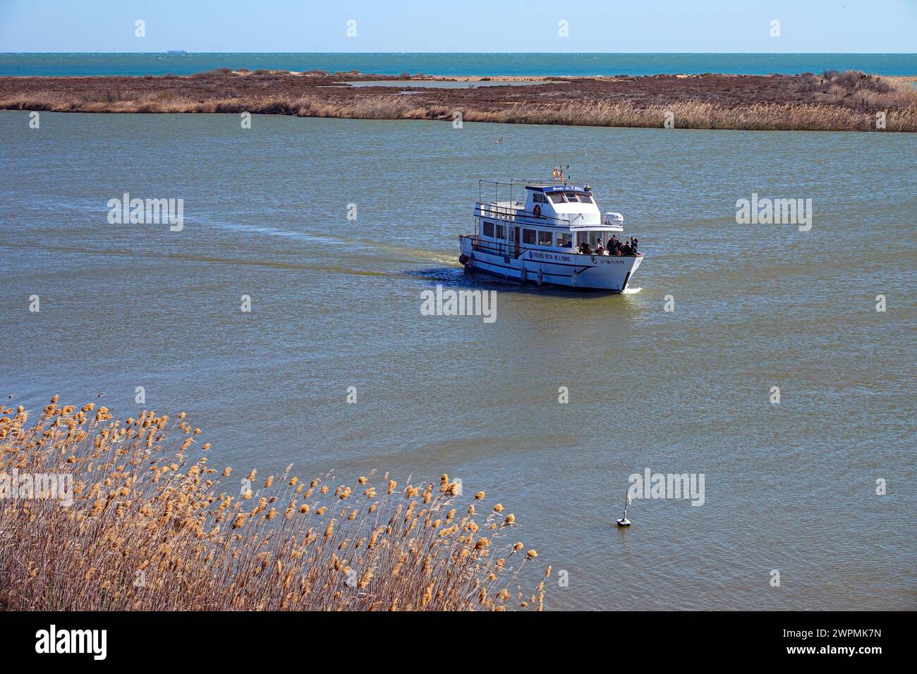 Tourist boat on the river at Ebro Delta, Ebro Rives, Riu Ebro ...