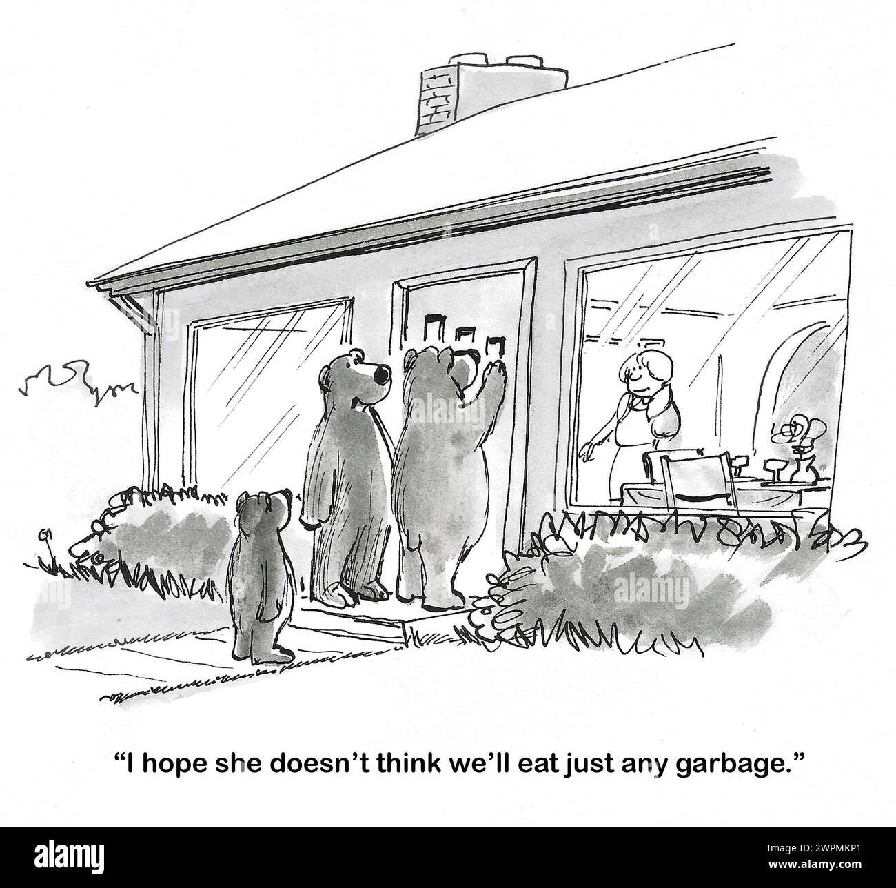BW cartoon of three bears going to a friends for dinner, they do not ...