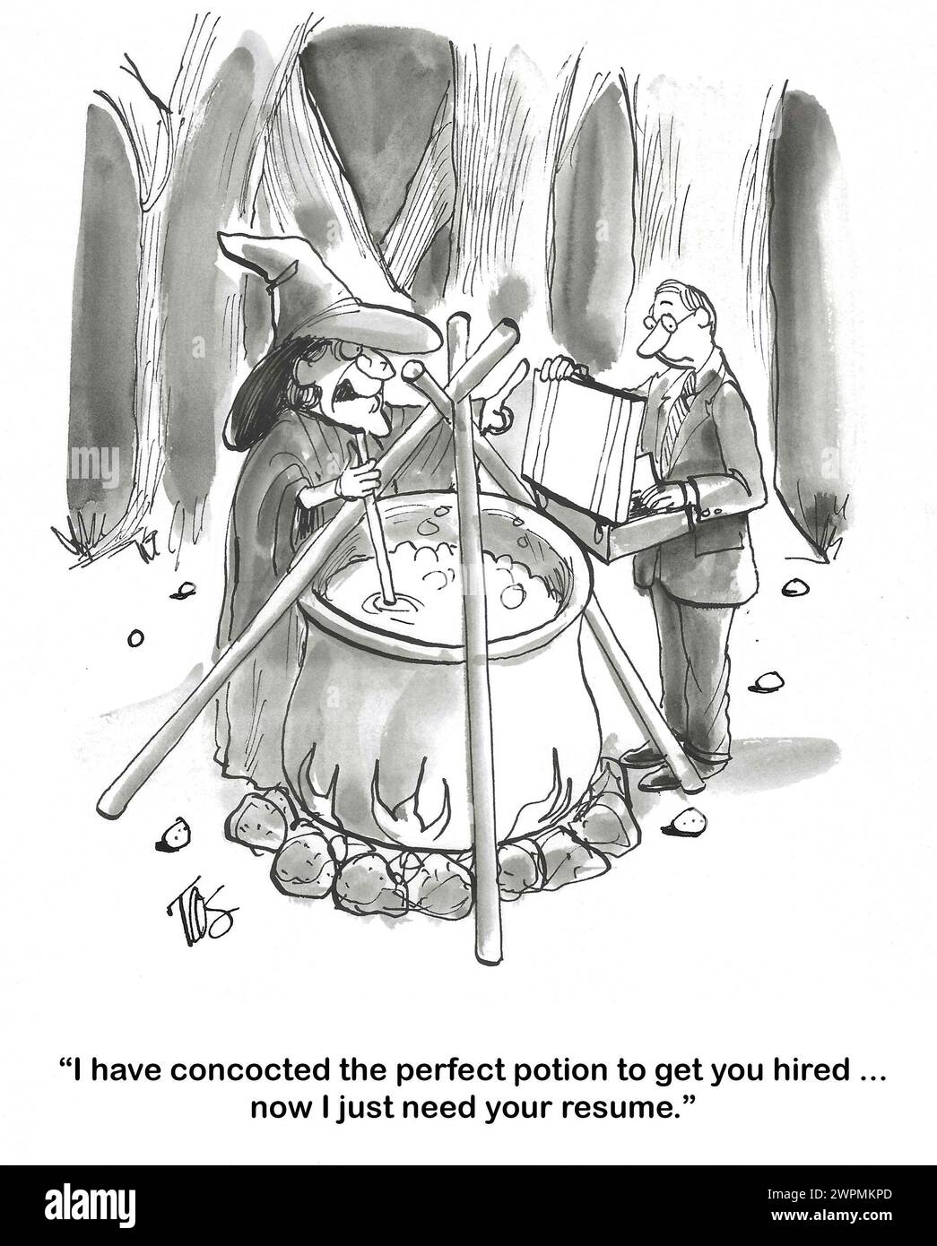 BW cartoon of a witch creation a potion that will help the man find a ...