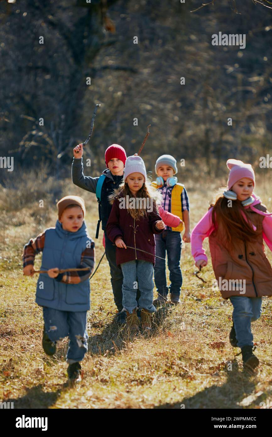Outdoor excursion with group of children, each expressing joy and fun ...