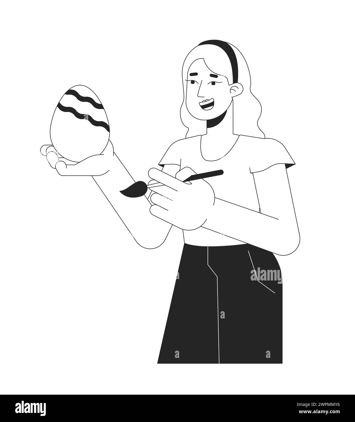 Easter egg painting woman caucasian black and white 2D line cartoon ...