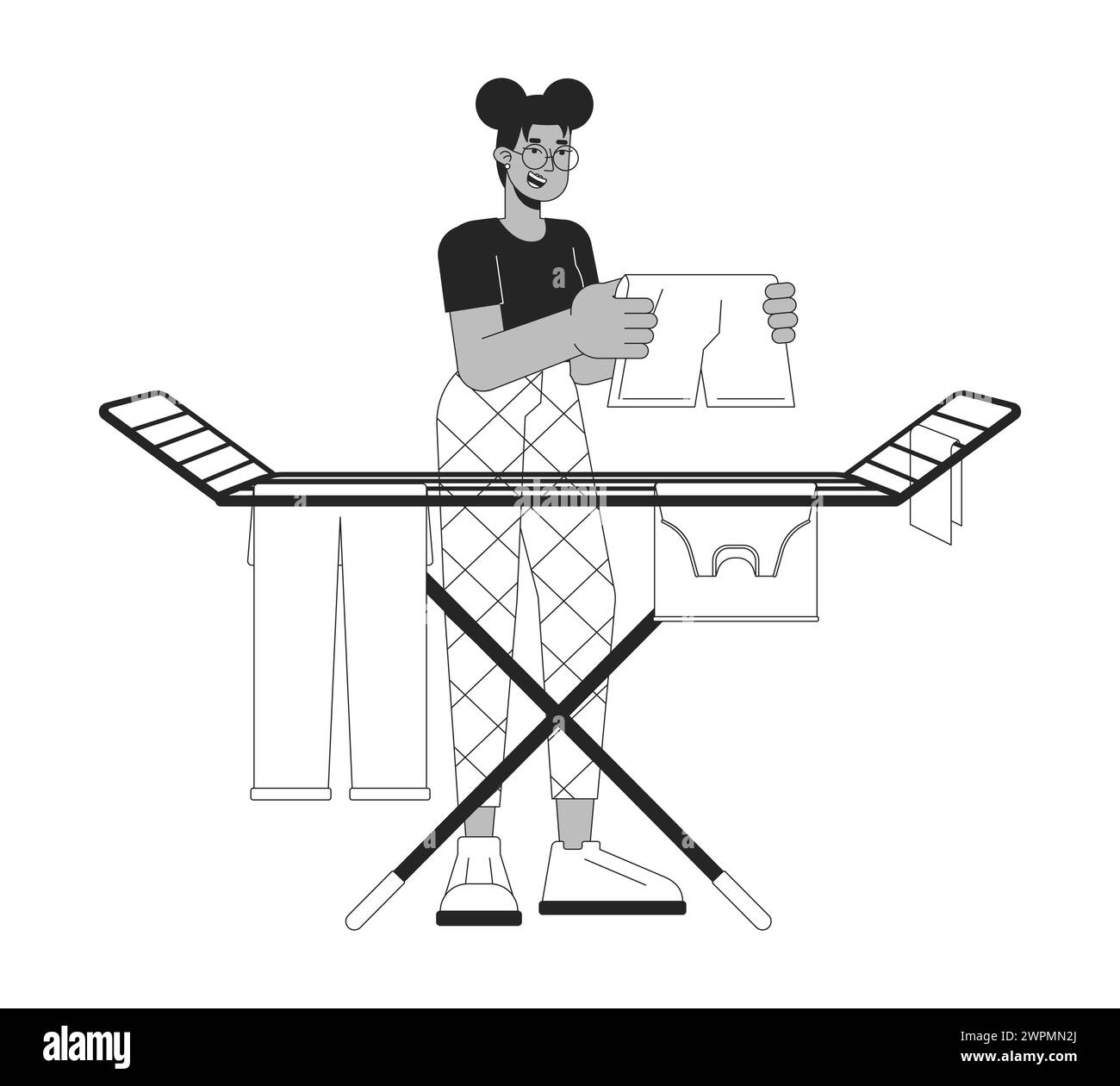 Laundry hanging on rack black and white cartoon flat illustration Stock ...