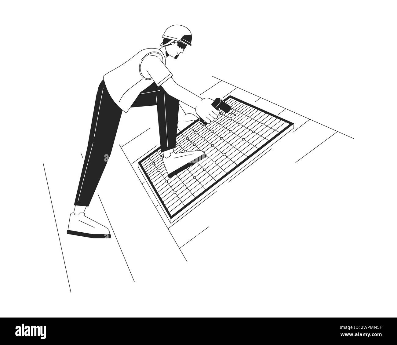 Solar panels installation on roof black and white cartoon flat ...