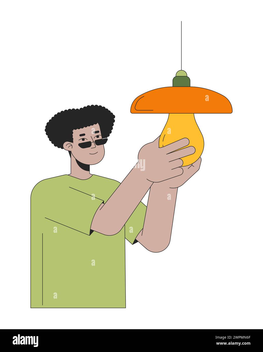 Energy efficient lightbulb installing line cartoon flat illustration ...
