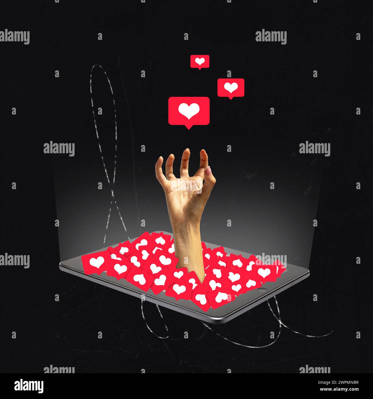 Contemporary art collage. Hand reaching out from a tablet overflowing ...