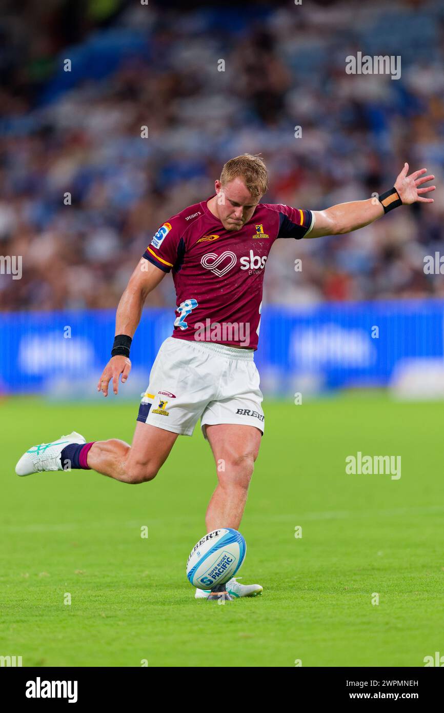 Sydney, Australia. 08th Mar, 2024. Sam Gilbert of the Highlanders kicks ...
