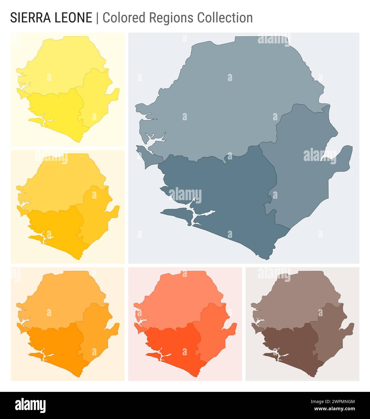 Sierra Leone map collection. Country shape with colored regions. Blue ...