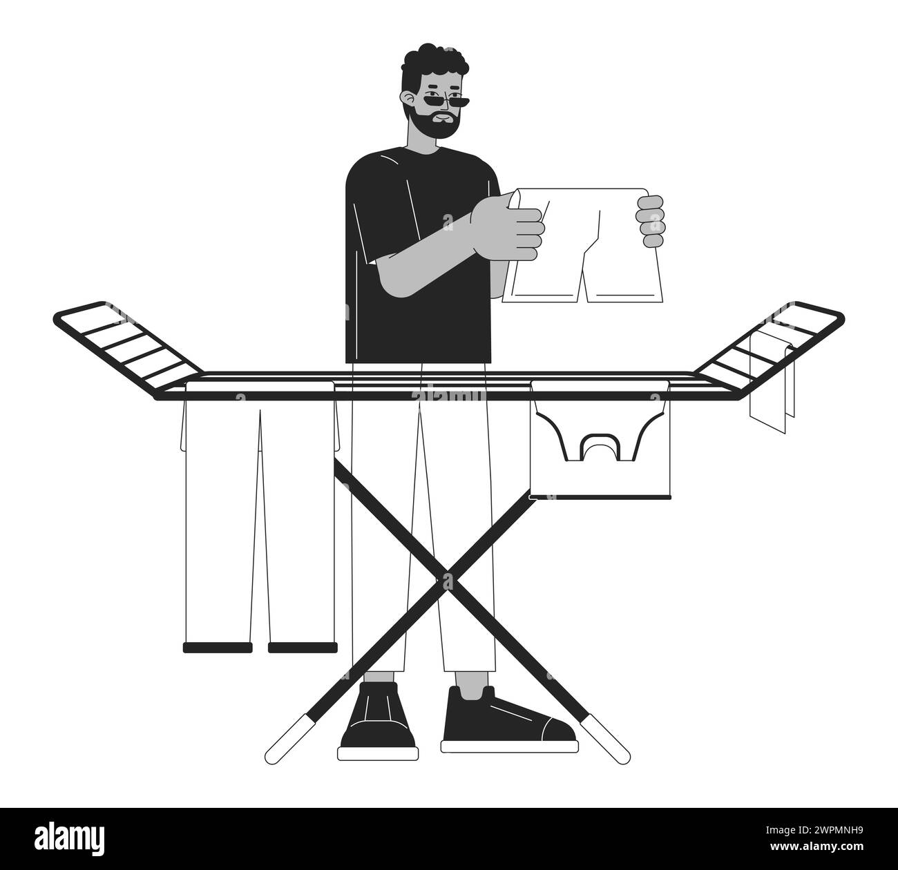 Air drying clothes on rack black and white cartoon flat illustration ...