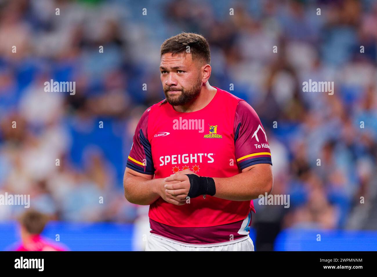 Sydney, Australia. 08th Mar, 2024. Saula Ma'u of the Highlanders warms ...
