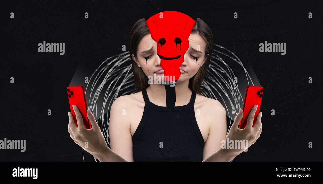 Modern aesthetic artwork. Woman with two red smartphones, split sad ...