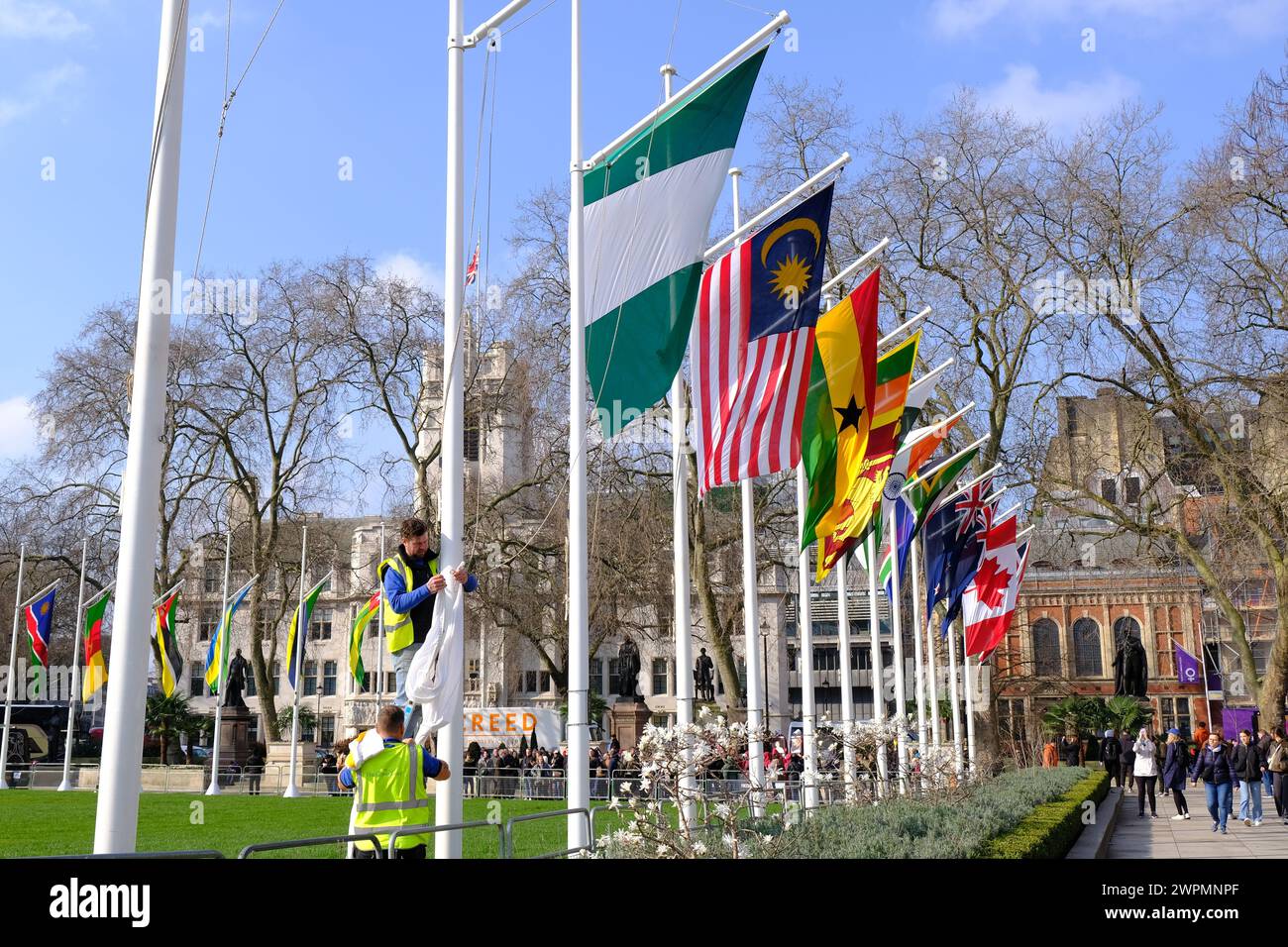 London, UK, 8th March, 2024. Commonwealth member nations' flags are ...