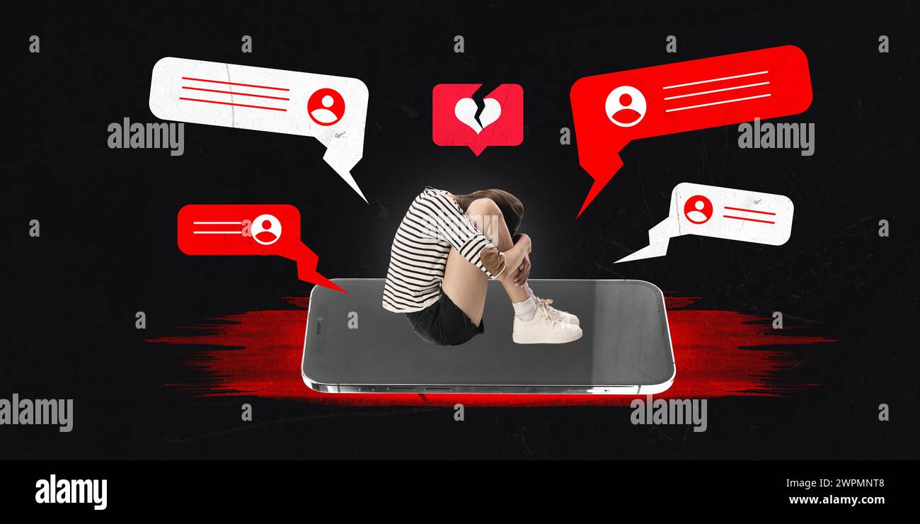 Modern aesthetic artwork. Person crouched of sadness sit on smartphone ...