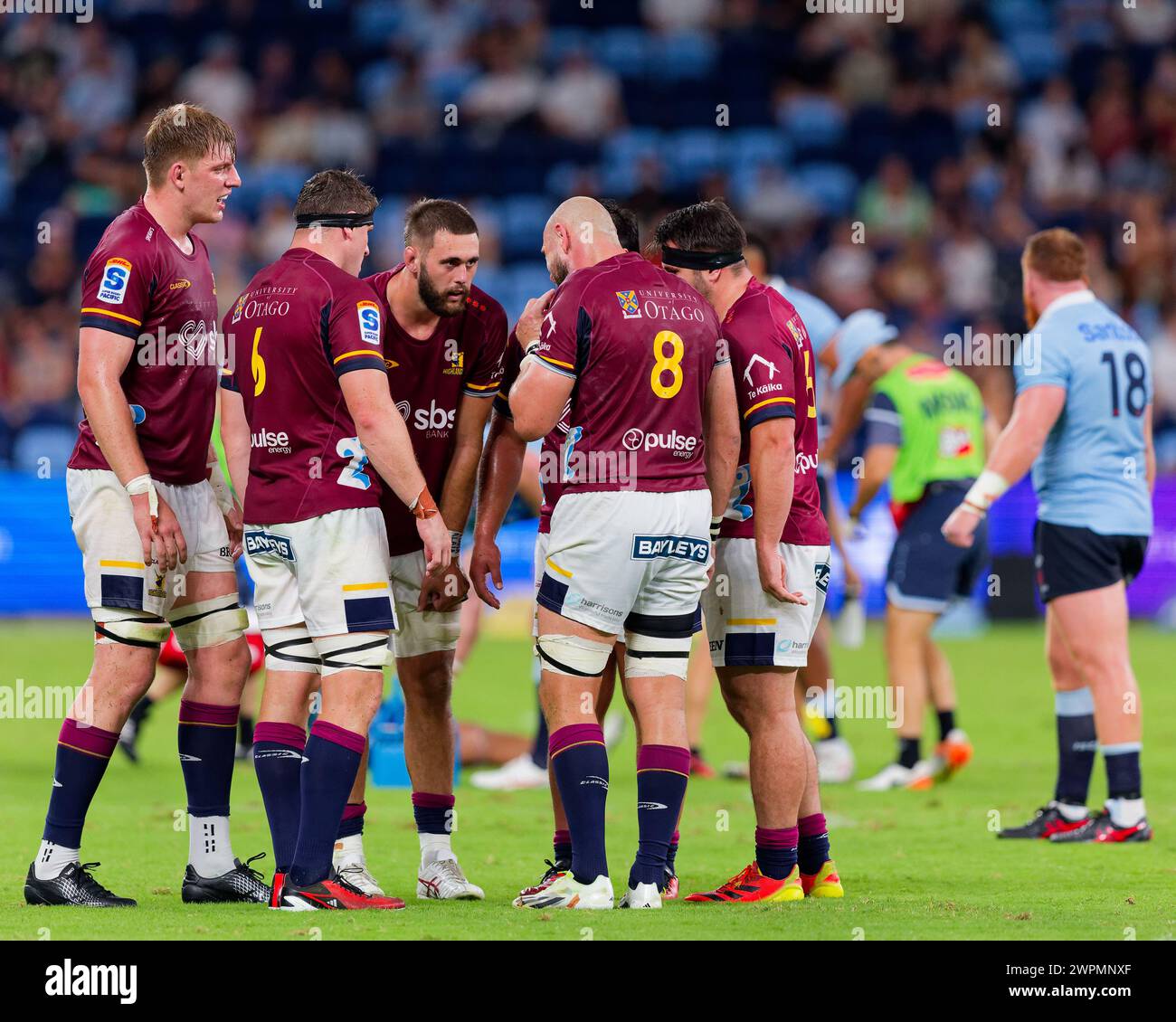Sydney, Australia. 08th Mar, 2024. Highlanders players form a quick ...