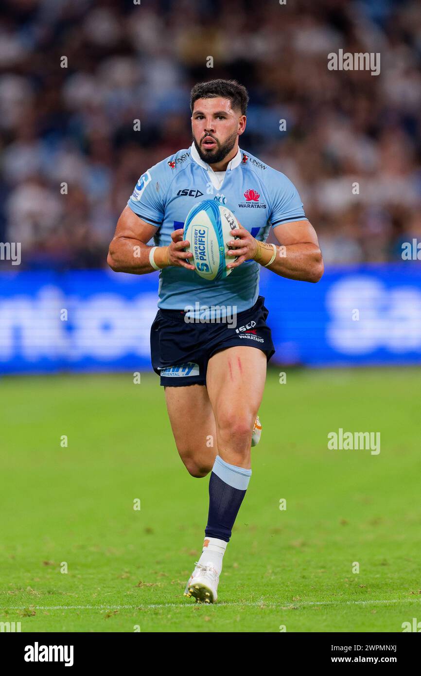 Sydney, Australia. 08th Mar, 2024. Triston Reilly of the Waratahs runs ...