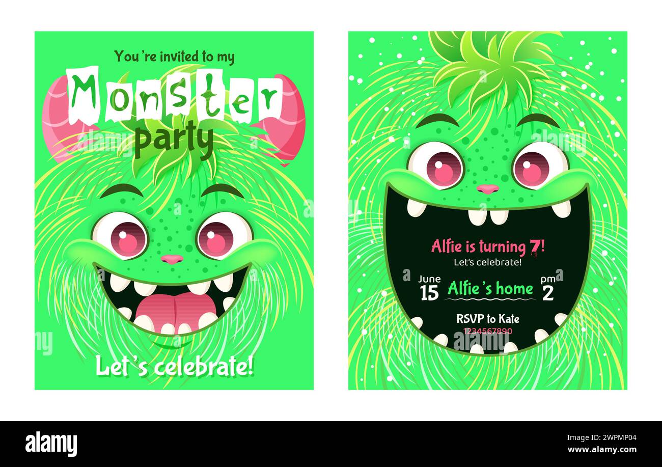 Monster party invitation set. Happy Birthday greeting cards Stock ...