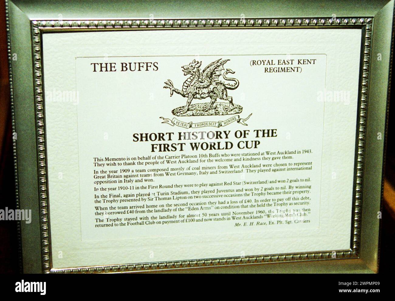 Plaque commemorating the first "World Cup" in 1909 for the Thomas ...