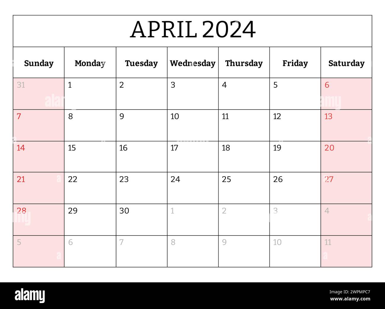 April 2024 ENGLISH month calendar. Vector printable illustration ...