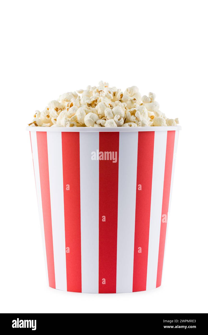 Popcorn in red and white striped container, isolated on white ...